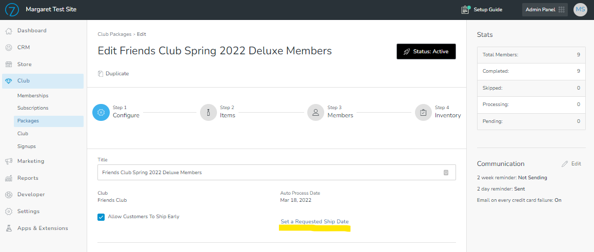 Adding a Requested Ship Date to Club Packages